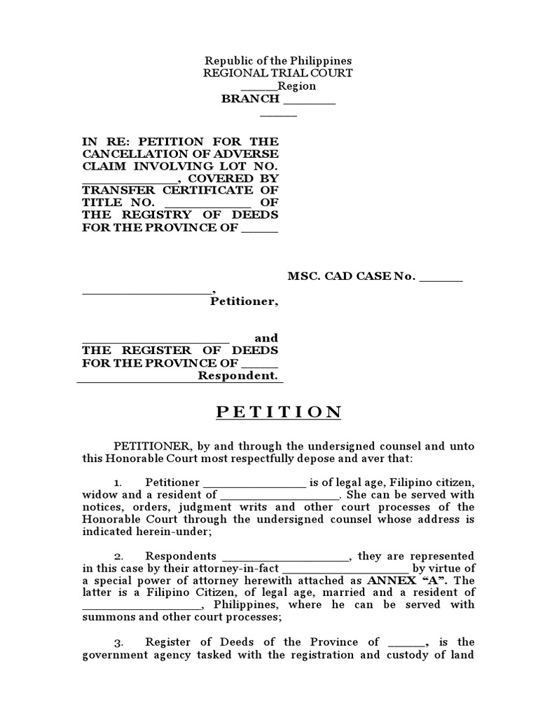Petition to Cancel Adverse Claim | PDF | Law And Economics | Judiciaries