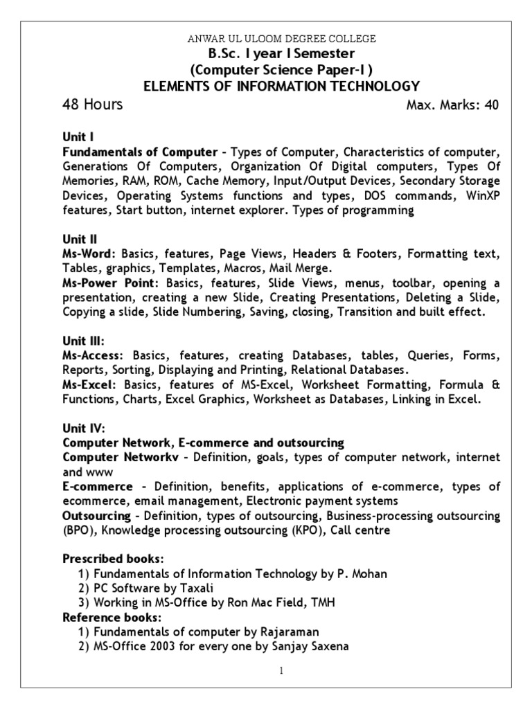 48 Hours: B.Sc. I Year I Semester (Computer Science Paper-I) Elements of Information Technology ...
