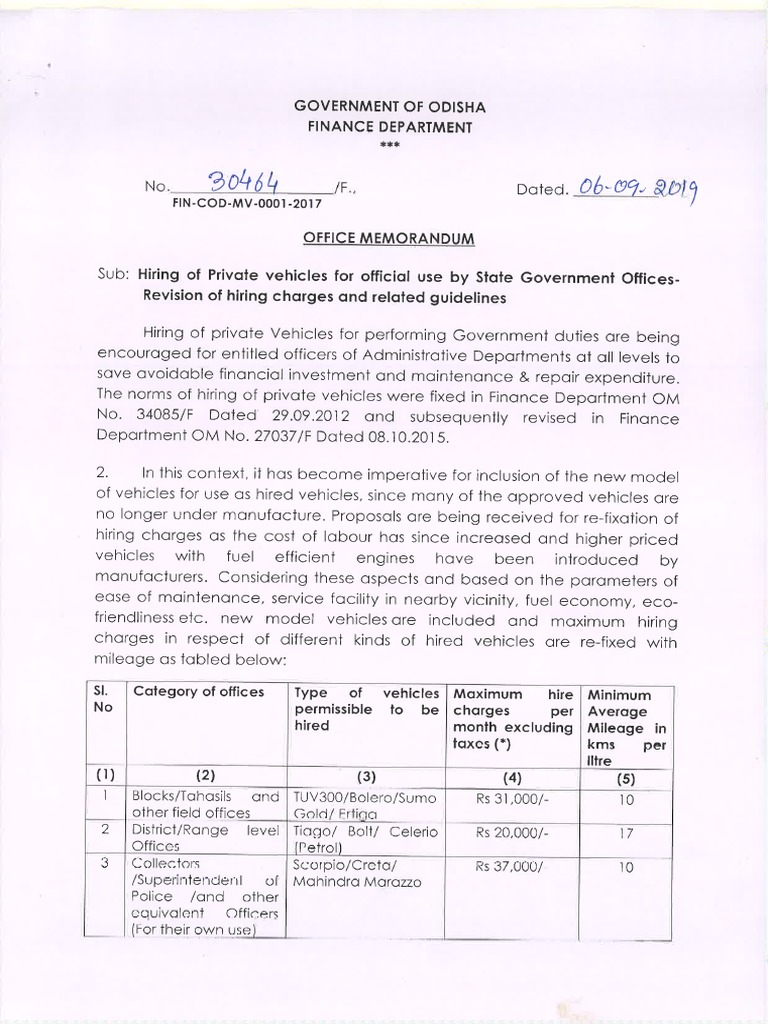 Hiring of Private Vehicles For Official Use by State Government Offices ...