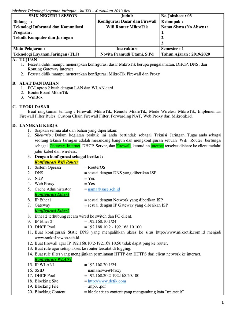 Jobsheet 03 - TLJ XII TKJ - FIREWALL MIKROTIK PDF | PDF