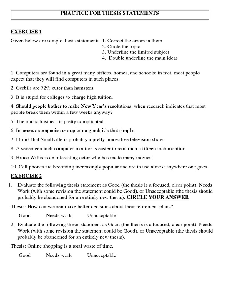 Thesis Statement Practice Exercises | PDF | Thesis | Psychology