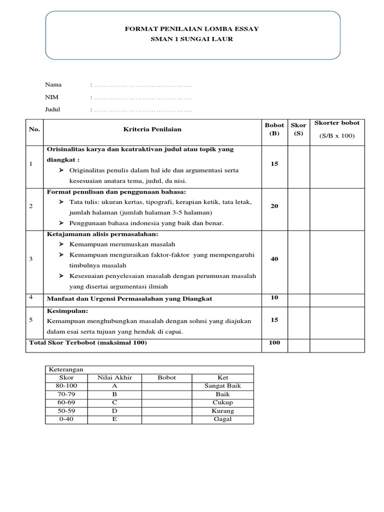 Format Penilaian Lomba Essay SMAN 1 | PDF