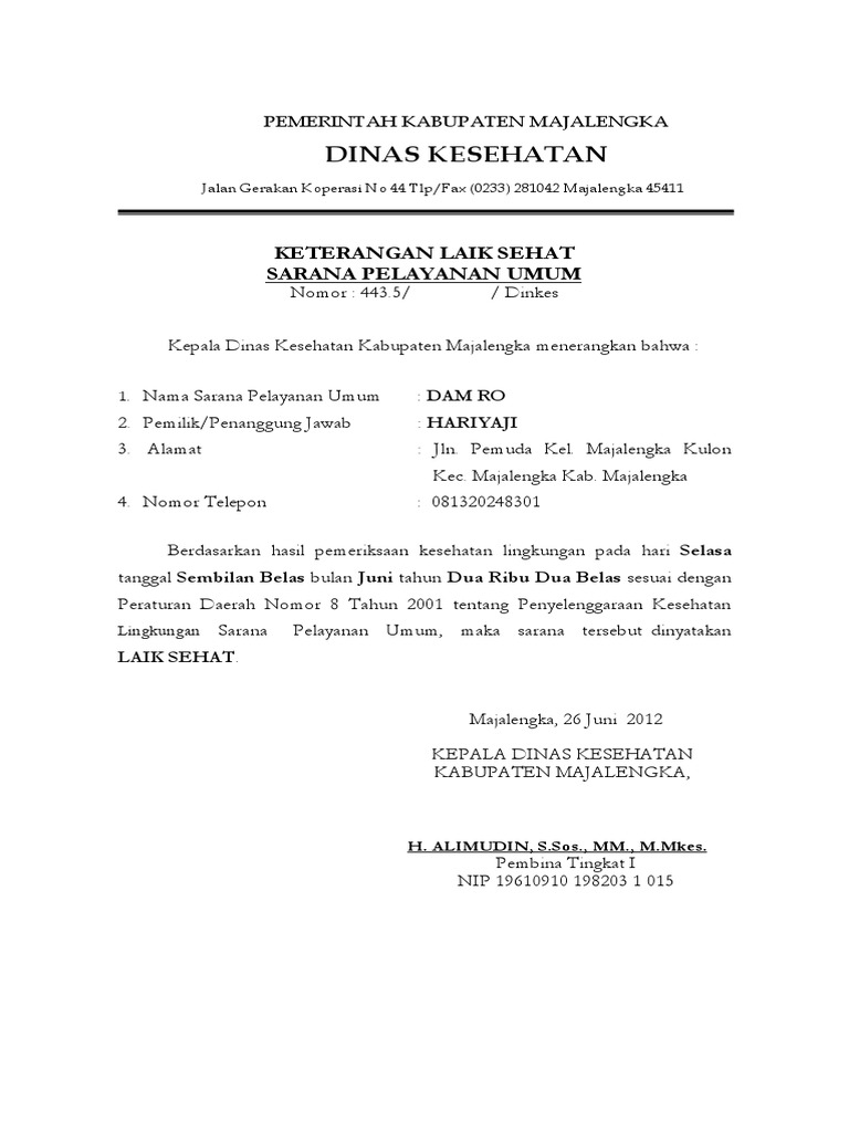 Isi Sertifikat Laik Sehat | PDF