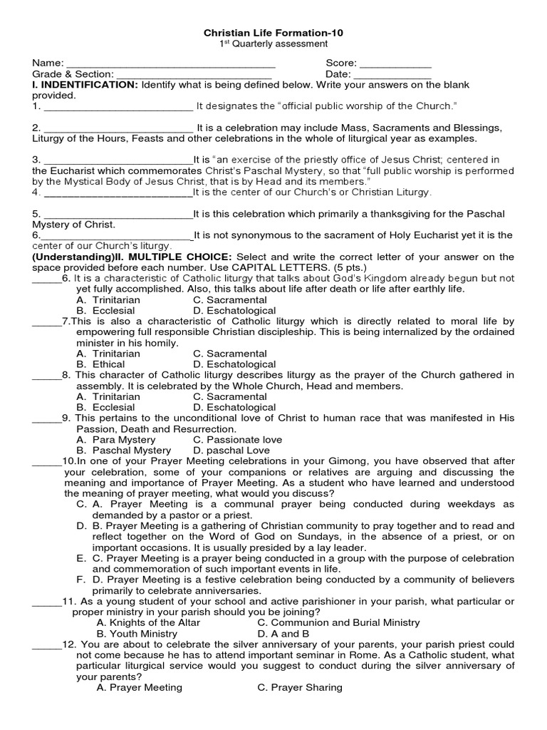 Christian Life Formation 1st QTR Assessment | PDF | Eucharist | Liturgy