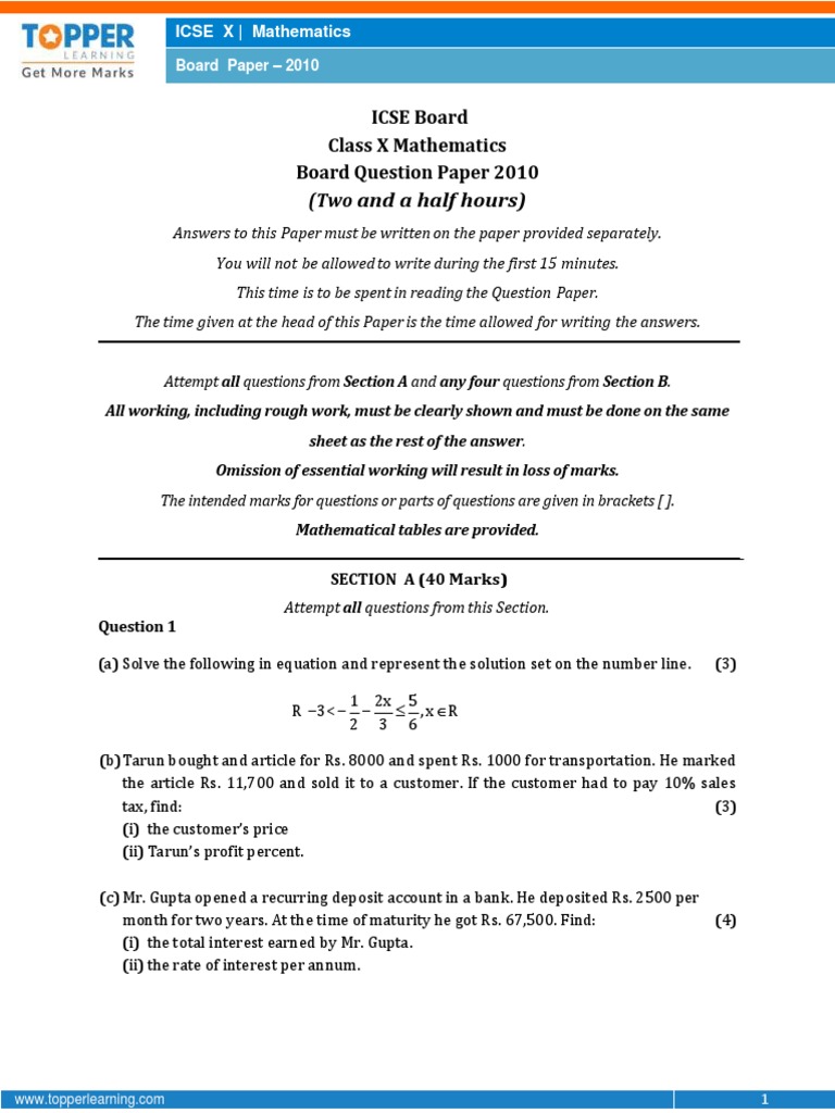 ICSE Board Class X Mathematics Board Question Paper 2010: (Two and A ...