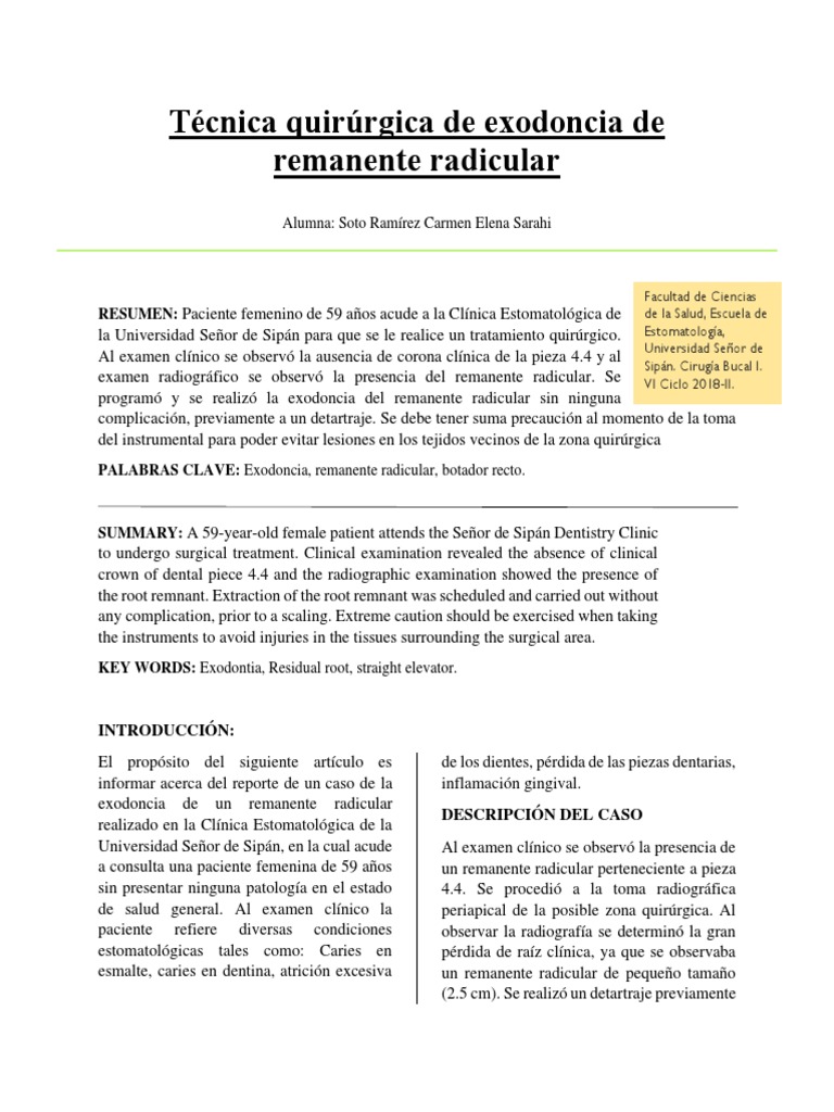 Técnica Quirúrgica de Un Remanente Radicular | PDF | Odontología | Cirugía