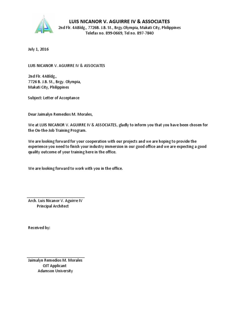 OJT Acceptance Letter for Jaimalyn Morales | PDF