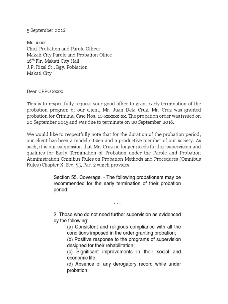 (Draft v.2) Letter For Early Termination of Probation Abastillas | PDF ...