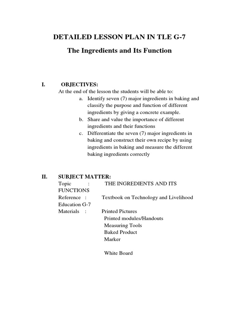 Detailed Lesson Plan in Tle G-7 The Ingredients and Its Function ...
