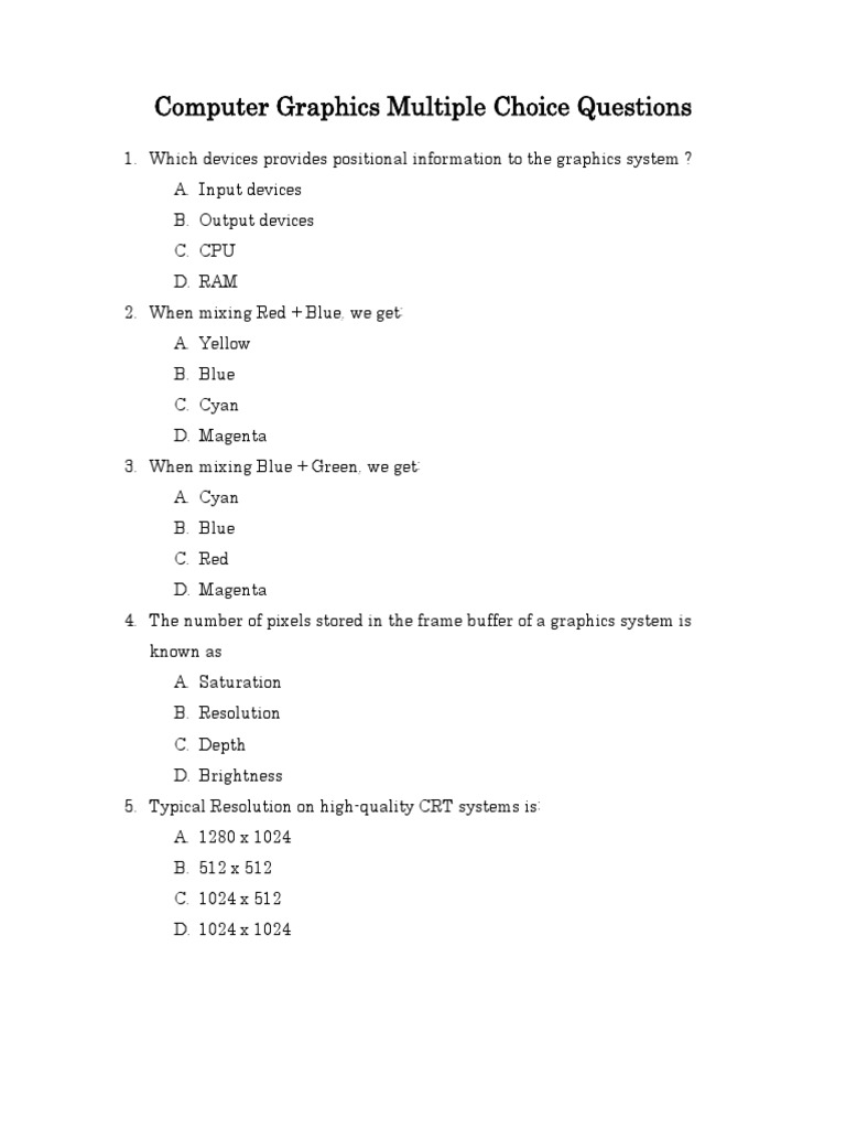 Computer Graphics Multiple Choice Questions2018 2019 Pdf Computer Monitor Pixel