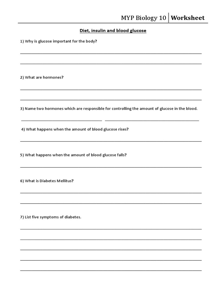 MYP Biology 10 Worksheet: Diet, Insulin and Blood Glucose | PDF ...