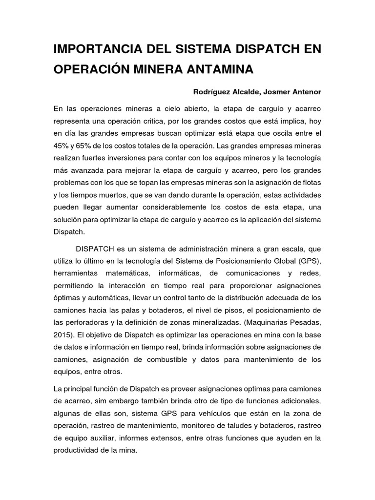 Importancia Del Sistema Dispatch en Operación Minera Antamina | PDF | Minería | Informática y ...