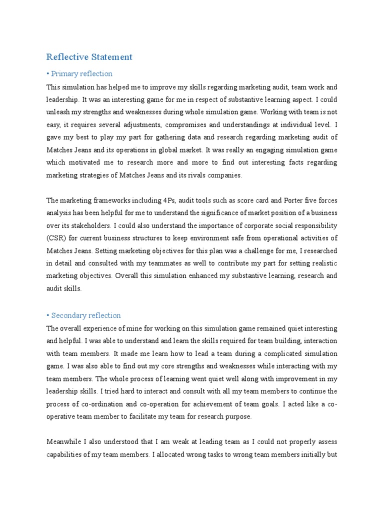 Marketing Planning Simulation Reflective Statement PDF | Download Free PDF | Simulation | Leadership
