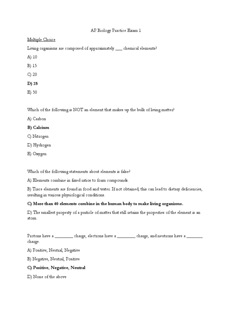 Practice Test 1 Answer Key AP Bio | PDF | Carbohydrates | Atoms