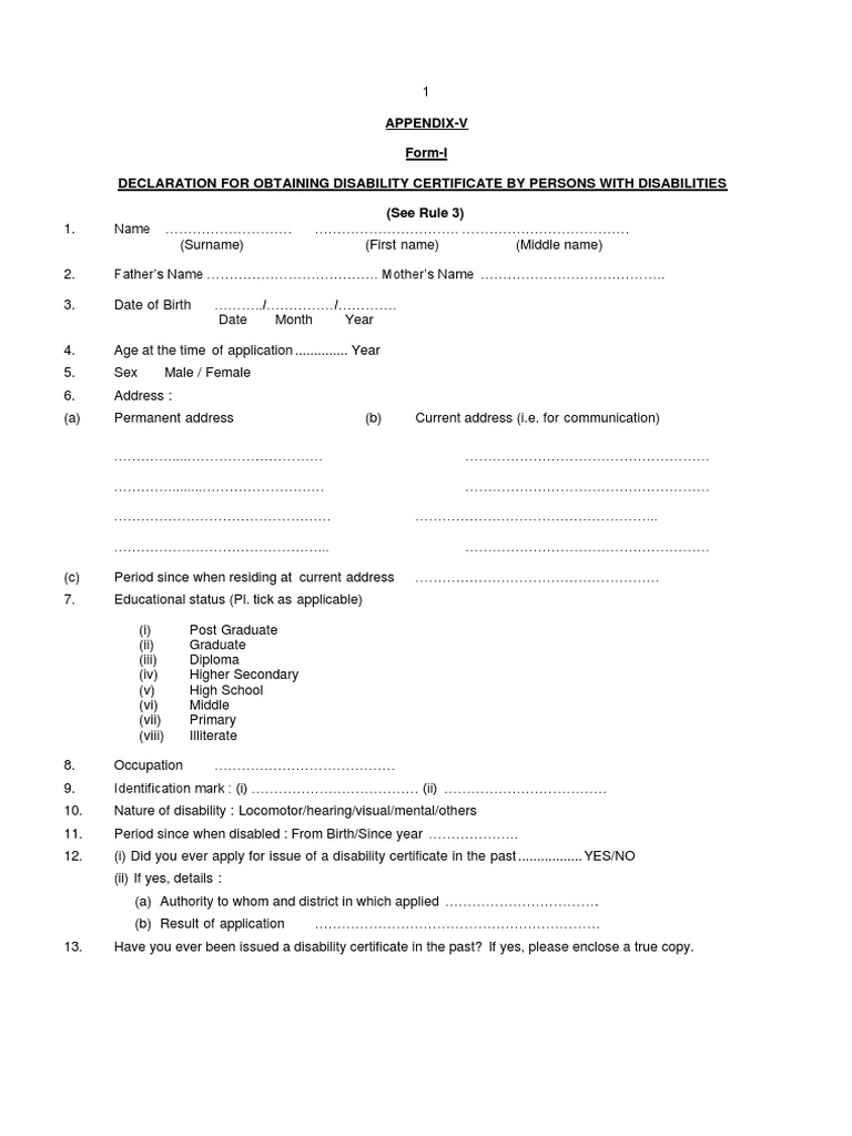 Appendix-V Form-I Declaration For Obtaining Disability Certificate by ...