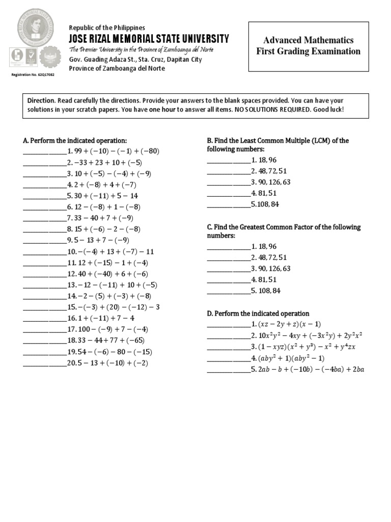 Advanced Mathematics Exam First Grading 2 | PDF | Educational ...