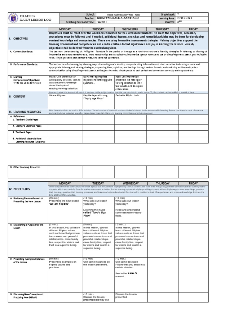 Grades 7 Daily Lesson Log 7 Kristyn Grace A. Santiago English Week I 3 ...
