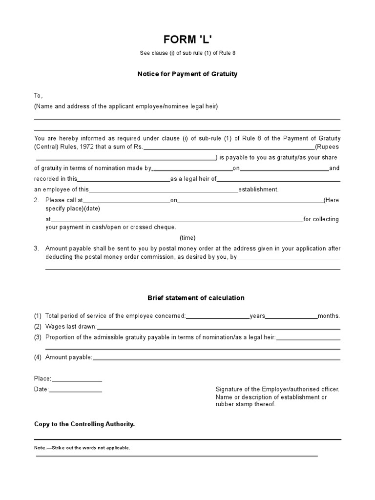 Form 'L': Notice For Payment of Gratuity | PDF
