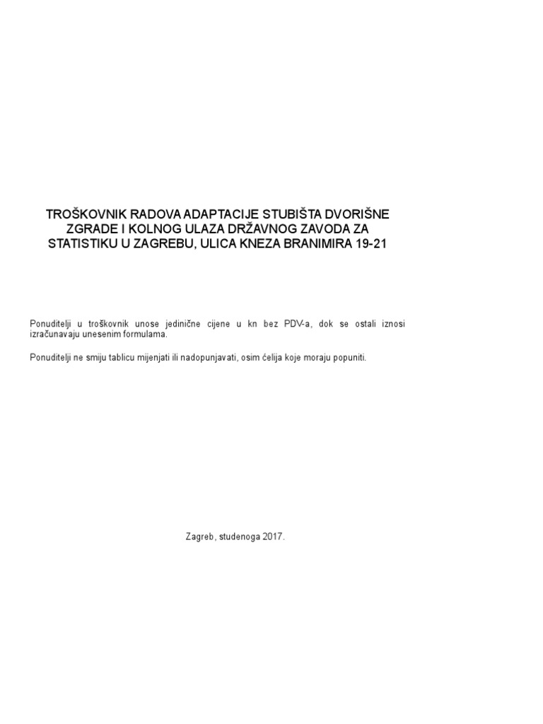 Adaptacija Stubista Branimirova - Prilog 1 - Troskovnik | PDF