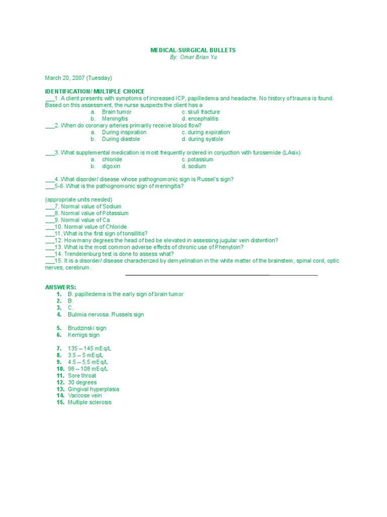 Medical-Surgical Bullets: By: Omar Brian Yu | PDF