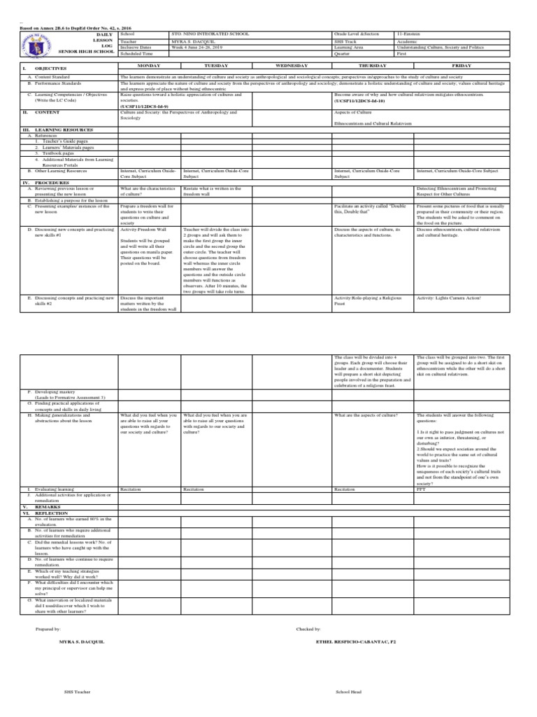 Based On Annex 2B.6 To Deped Order No. 42, S. 2016 Daily Lesson Log Senior High School | PDF ...