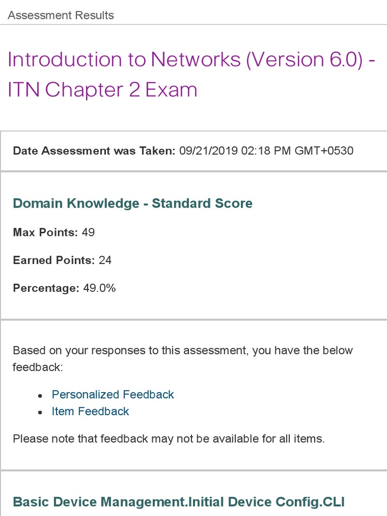 Introduction To Networks (Version 6.0) - ITN Chapter 2 Exam: Domain Knowledge - Standard Score | PDF
