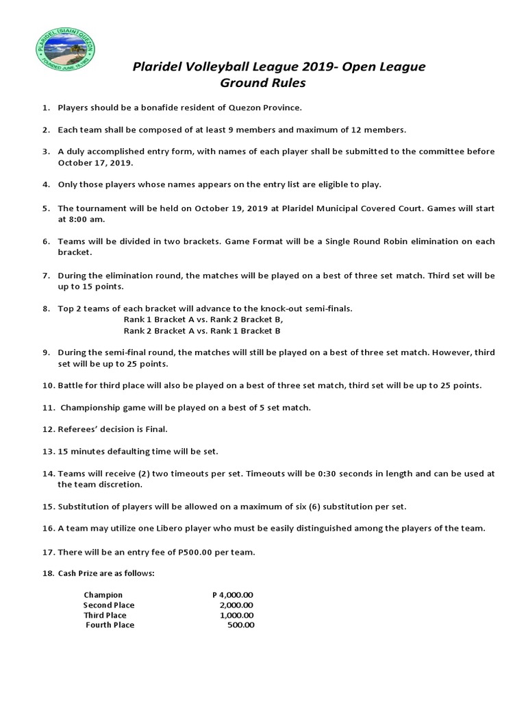 Plaridel Volleyball League 2019 Rules | PDF | Sports & Recreation
