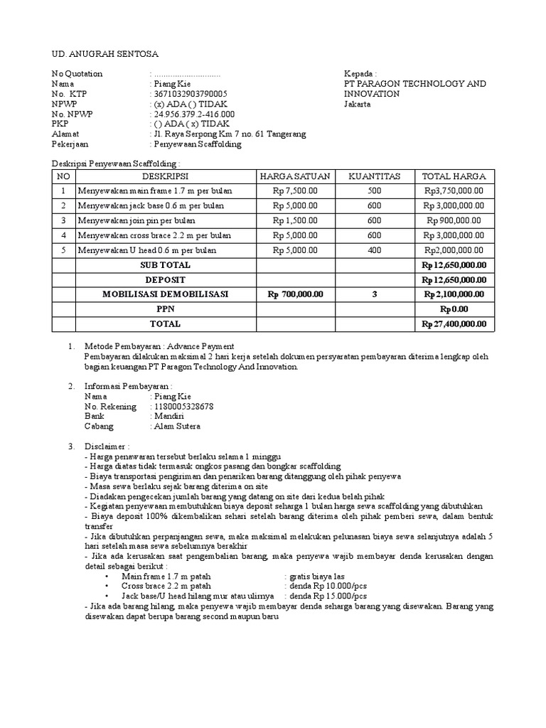 Quotation Anugrah Sentosa Scaffolding | PDF