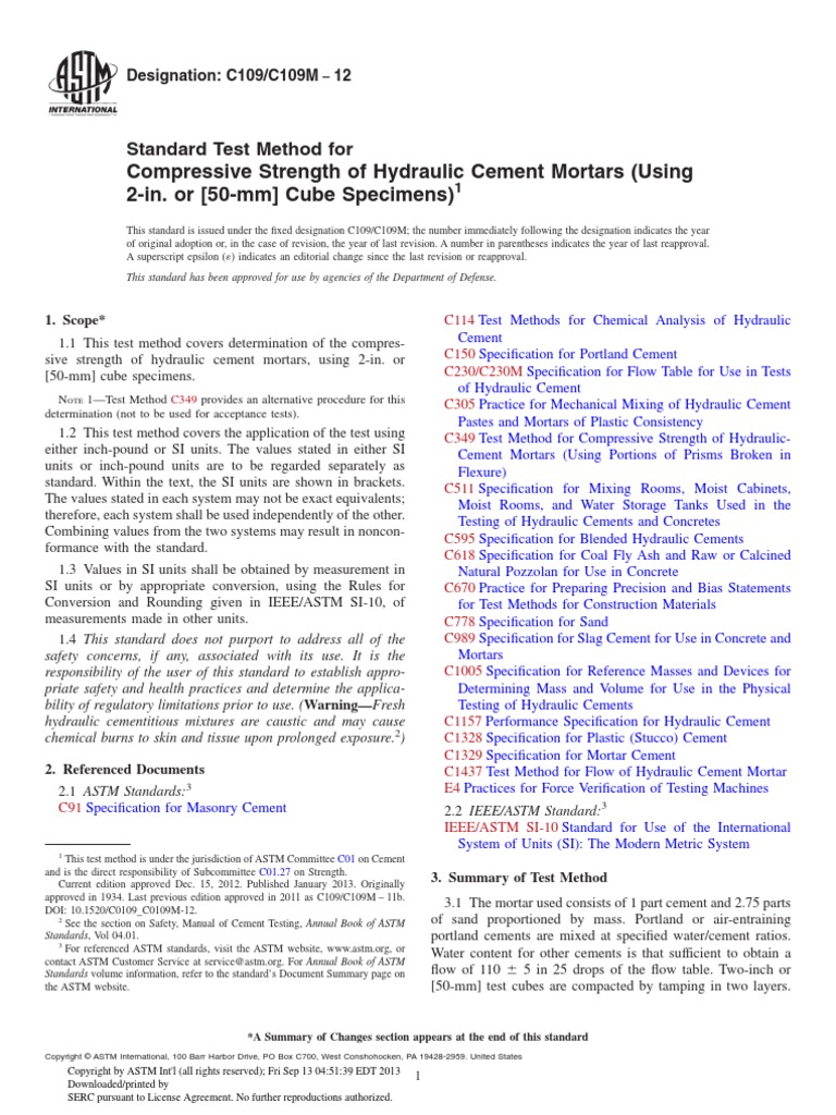 ASTM C 109compressive Strength of Hydraulic Cement Mortars | PDF ...