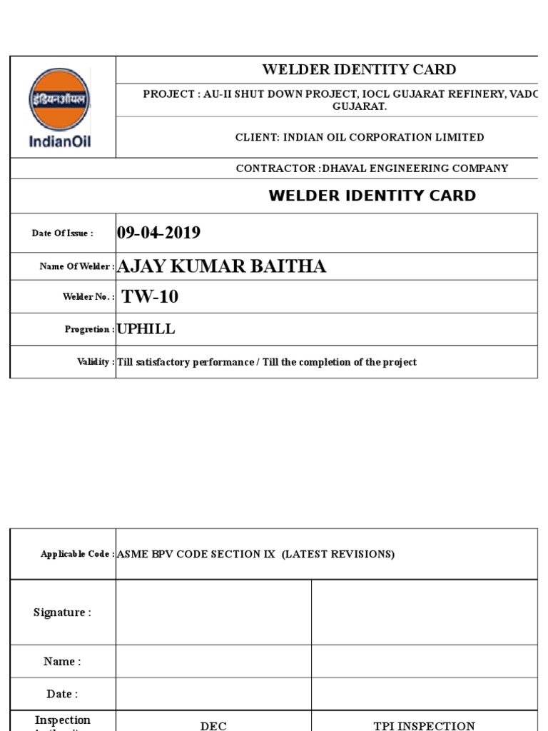 Welder Id Card Dhaval | Download Free PDF | Welding | Construction
