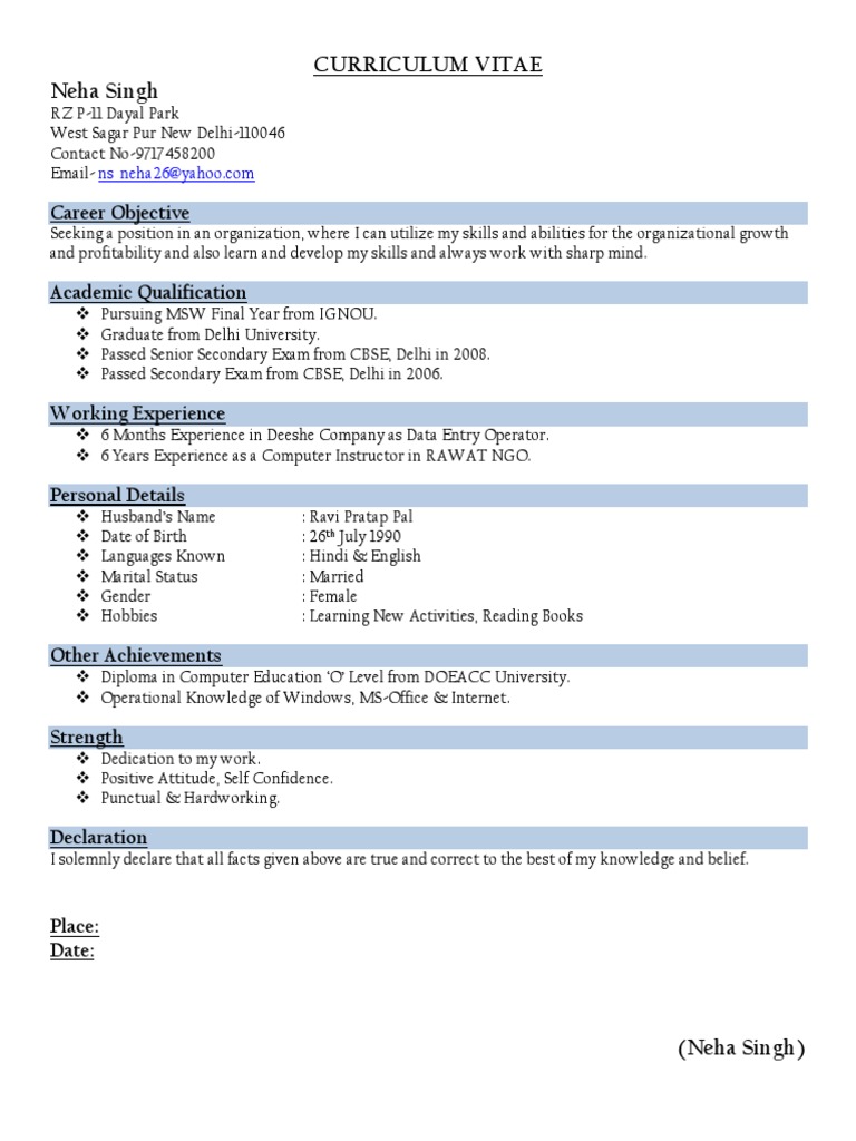 Curriculum Vitae Neha Singh: Career Objective | Download Free PDF | Learning | Behavior Modification