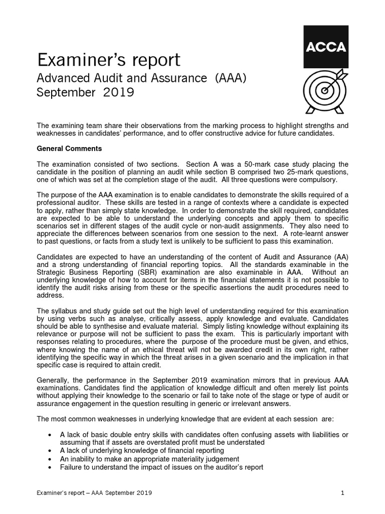 Examiner's Report: Advanced Audit and Assurance (AAA) September 2019 ...
