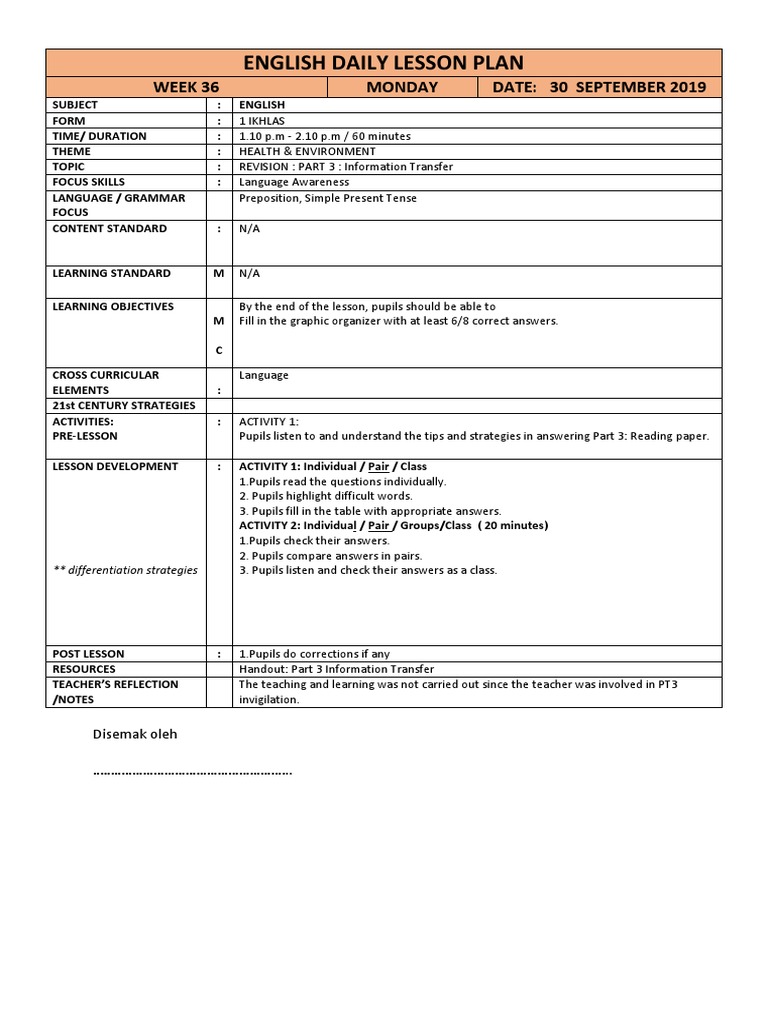 RPH Week 36 2019 | PDF | Lesson Plan | English Language