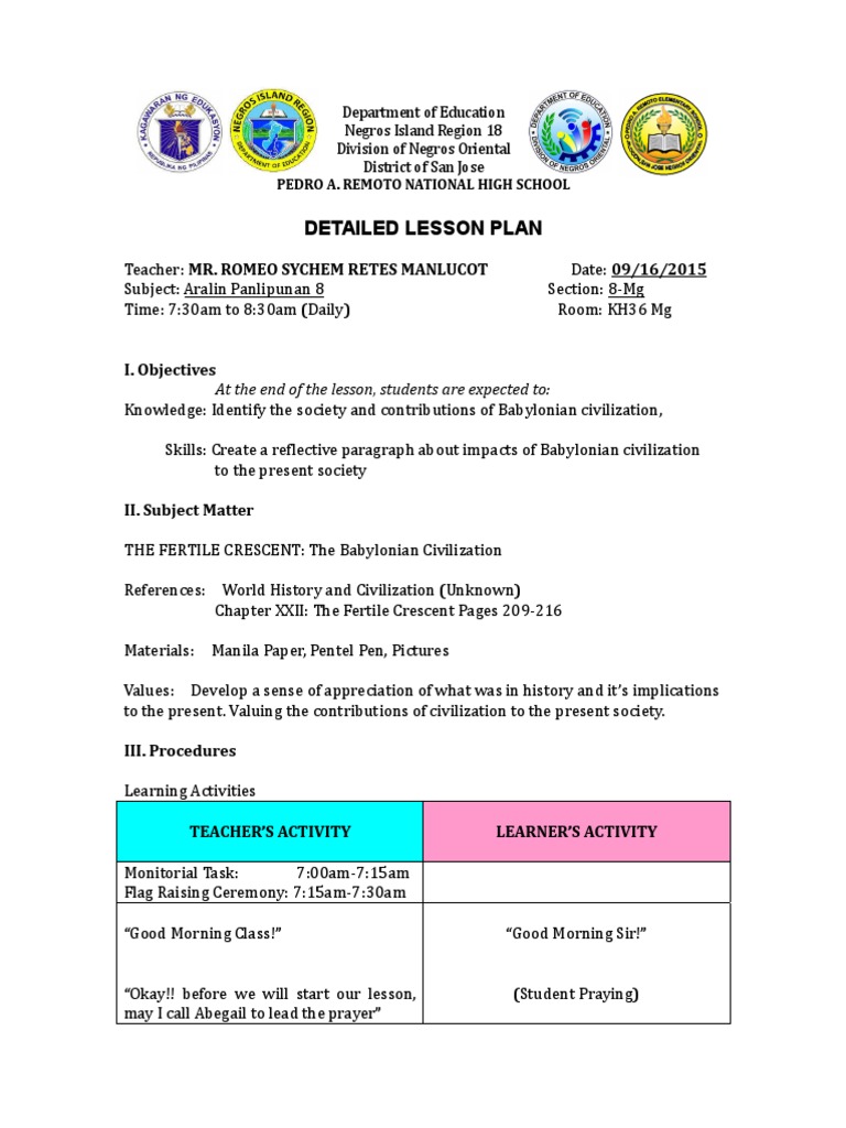 Detailed Lesson Plan: I. Objectives | PDF | Babylonia | Mesopotamia