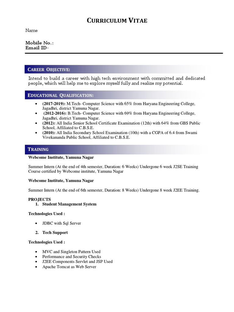 Curriculum Vitae of a Recent Computer Science Graduate Seeking New Opportunities | PDF | Java ...