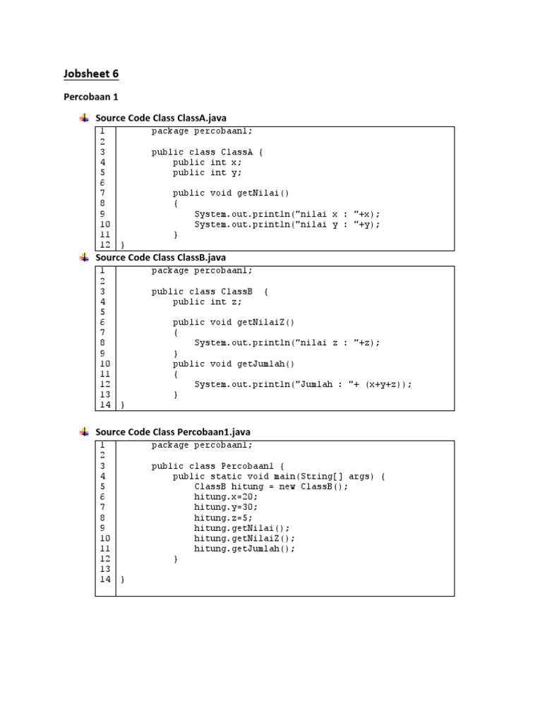 Jobsheet 6: Percobaan 1 Source Code Class Classa - Java | PDF