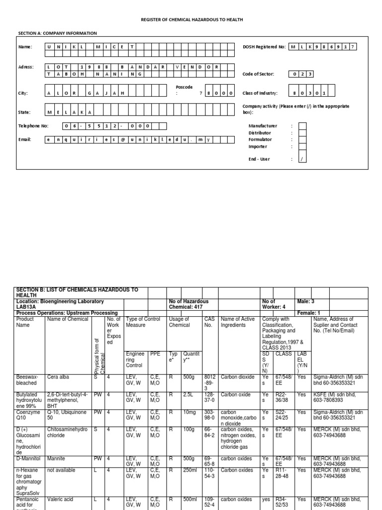 Register of Chemical Hazardous To Health Section A: Company Information ...