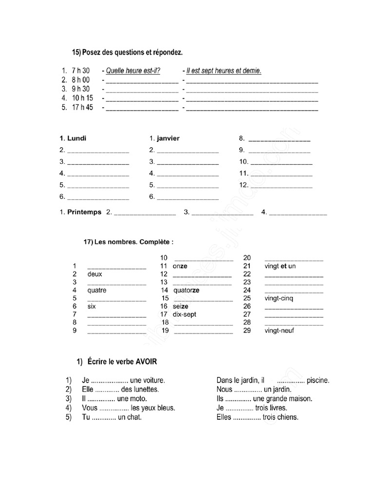 Fichas Números, Meses, Horas Francés | PDF