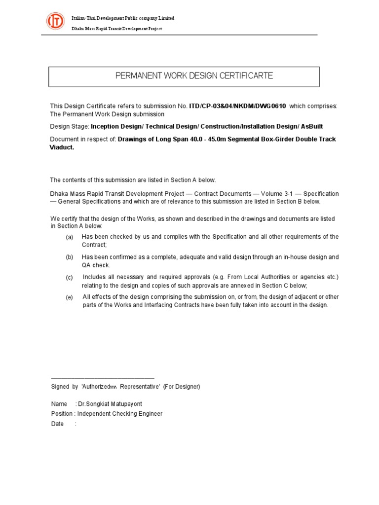 Permanent Design Certificate | PDF | Specification (Technical Standard ...