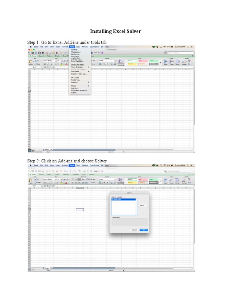 Installing Excel Solver: Step 1: Go To Excel Add-Ins Under Tools Tab | PDF
