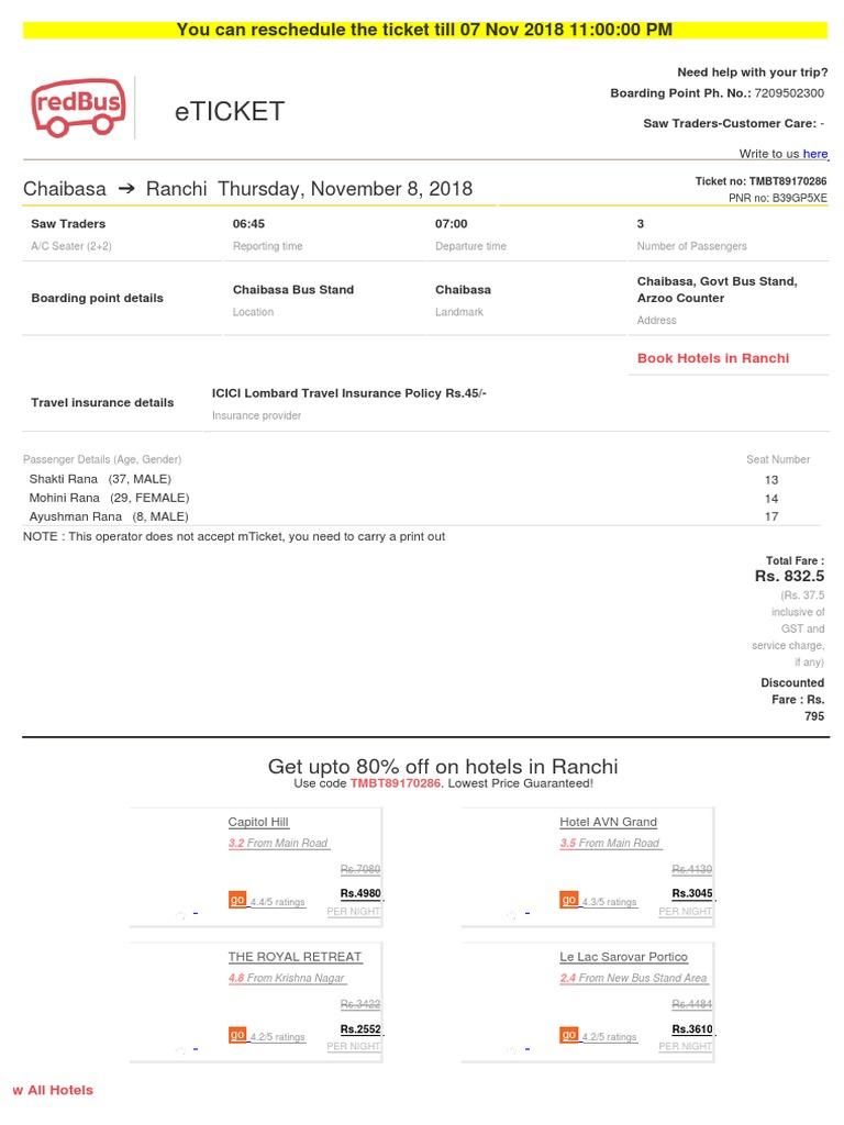 Redbus Ticket TMBT89170286 PDF | PDF | Ticket (Admission) | Baggage