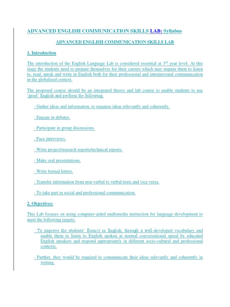 Advanced English Communication Lab Syllabus | PDF | Conversation ...
