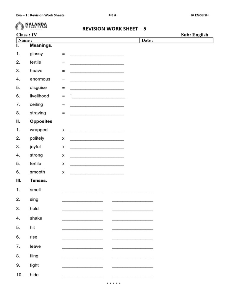 IV English Revision Worksheets | PDF