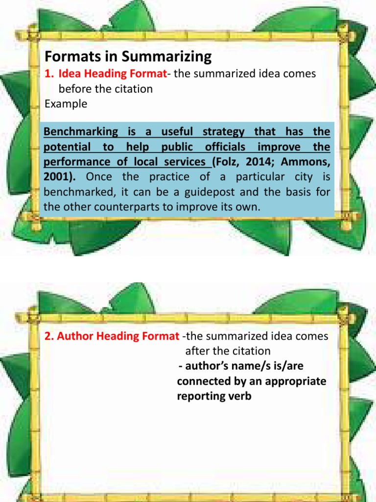 Formats in Summarizing: 1. Idea Heading Format | PDF | Syntax | Human Communication