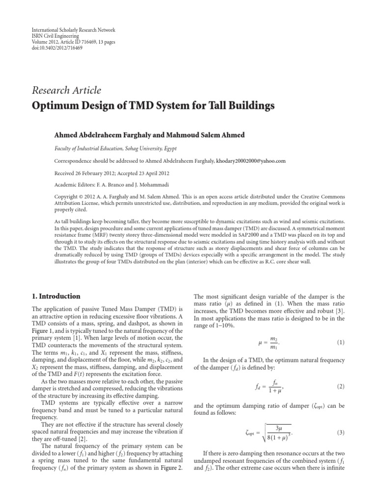Research Article: Optimum Design of TMD System For Tall Buildings | PDF ...