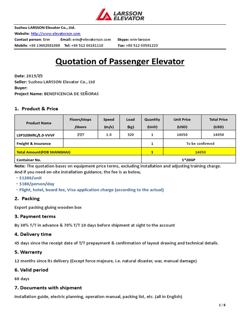 Quotation of Passenger Elevator PDF | PDF | Elevator | Door