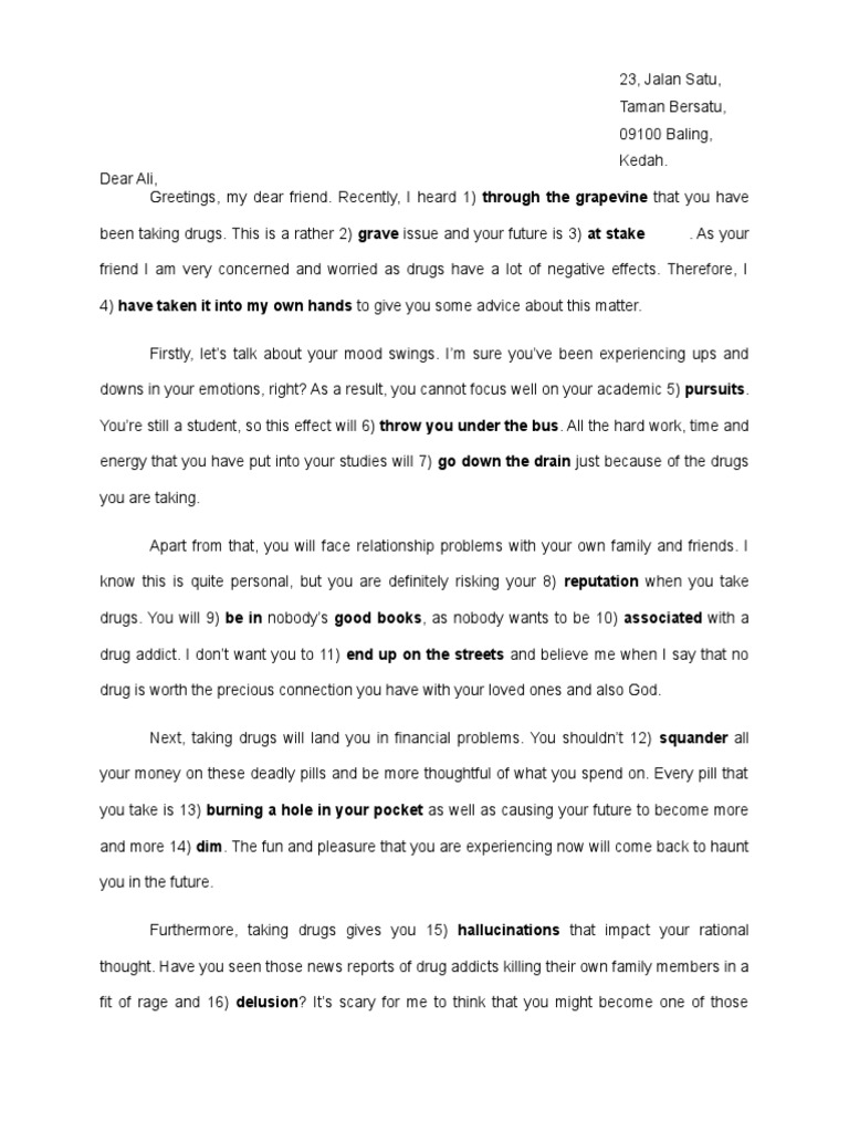 Drug Abuse - Effects and Solutions (Informal Letter) | Substance Abuse ...