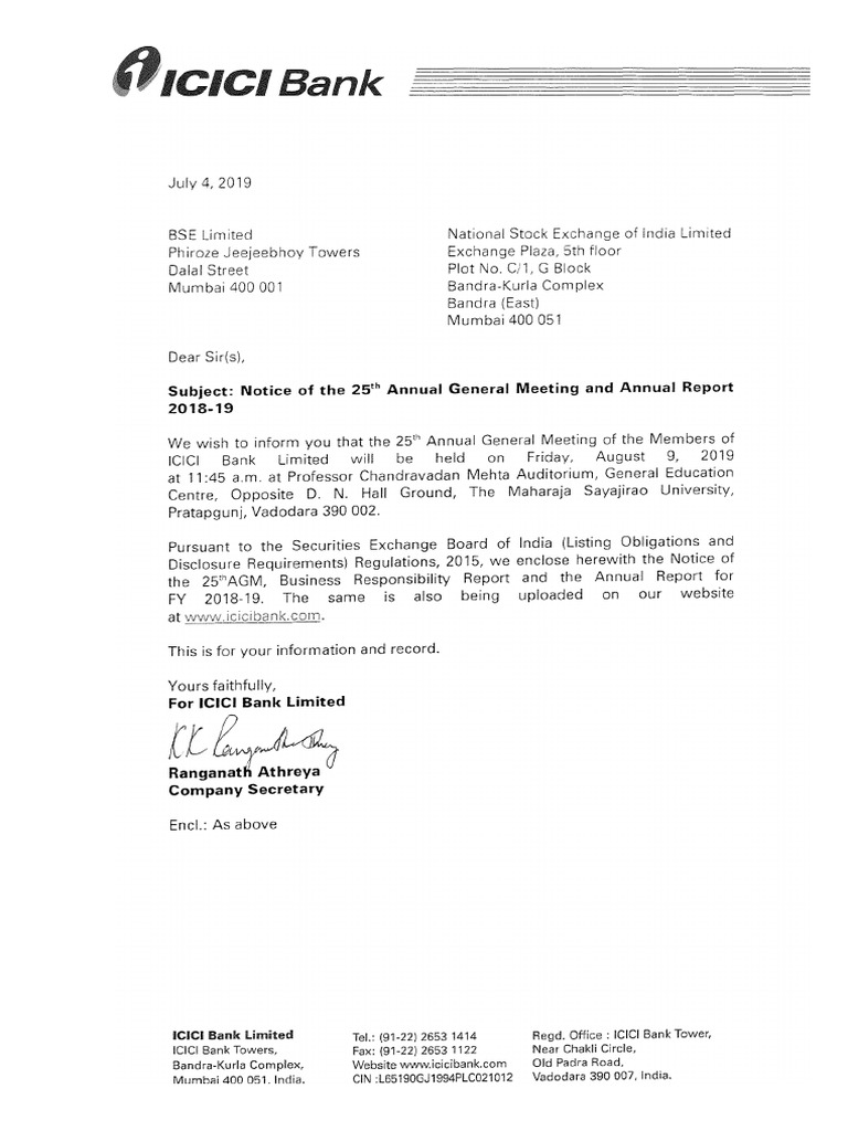 ICICI Bank 25th AGM Notice 2019 | PDF | Board Of Directors | Reserve ...