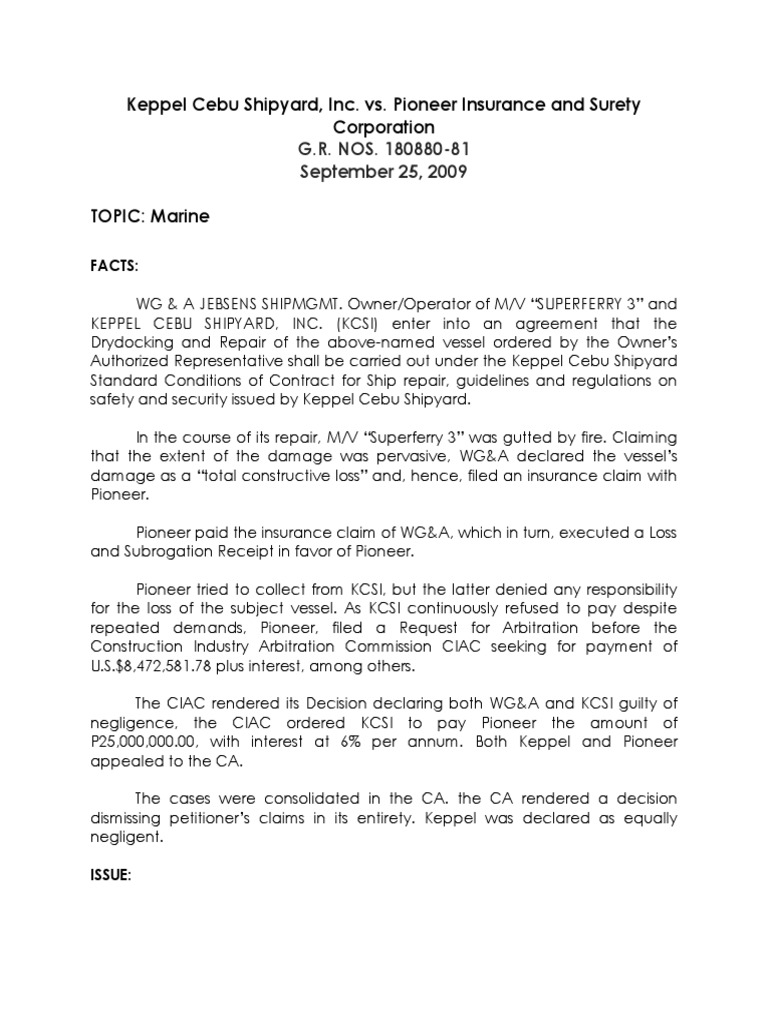 Marine - Keppel Cebu Shipyard, Inc. vs. Pioneer Insurance and Surety ...