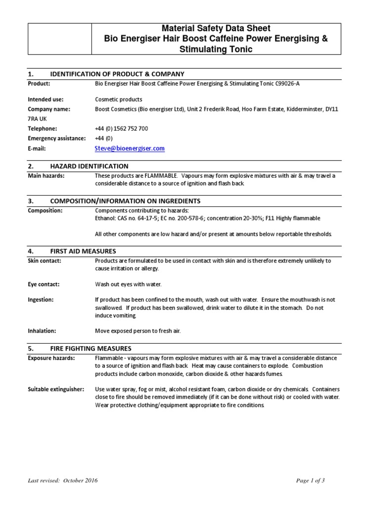 Hair Tonic Safety Data Sheet | PDF | Dangerous Goods | Combustion